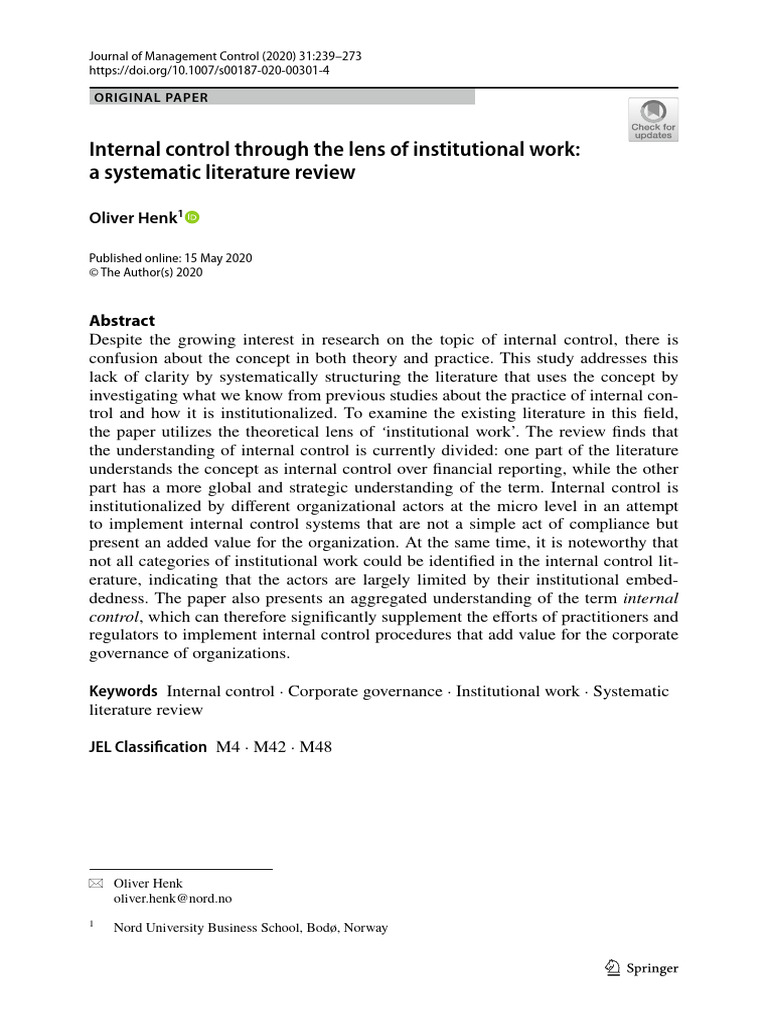 Internal Control Through The Lens of Institutional Work: A Systematic ...