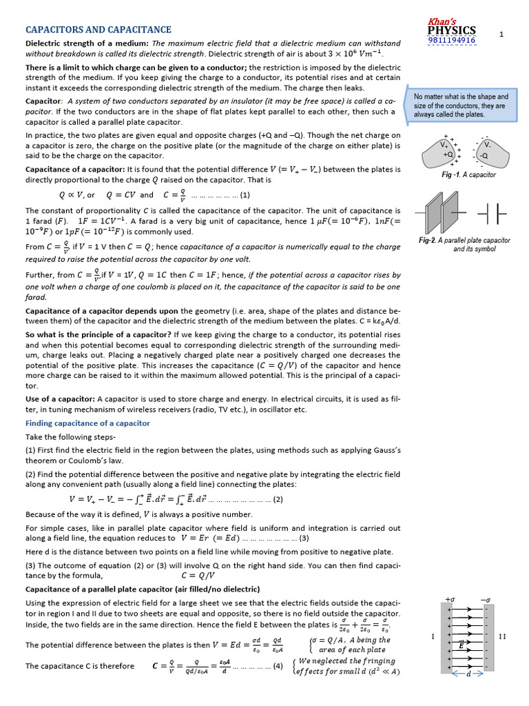 Electrostatics - Capacitors Notes | PDF | Capacitor | Capacitance