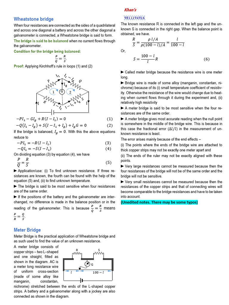 Wheatstone Bridge, Meter Bridge | PDF | Electricity