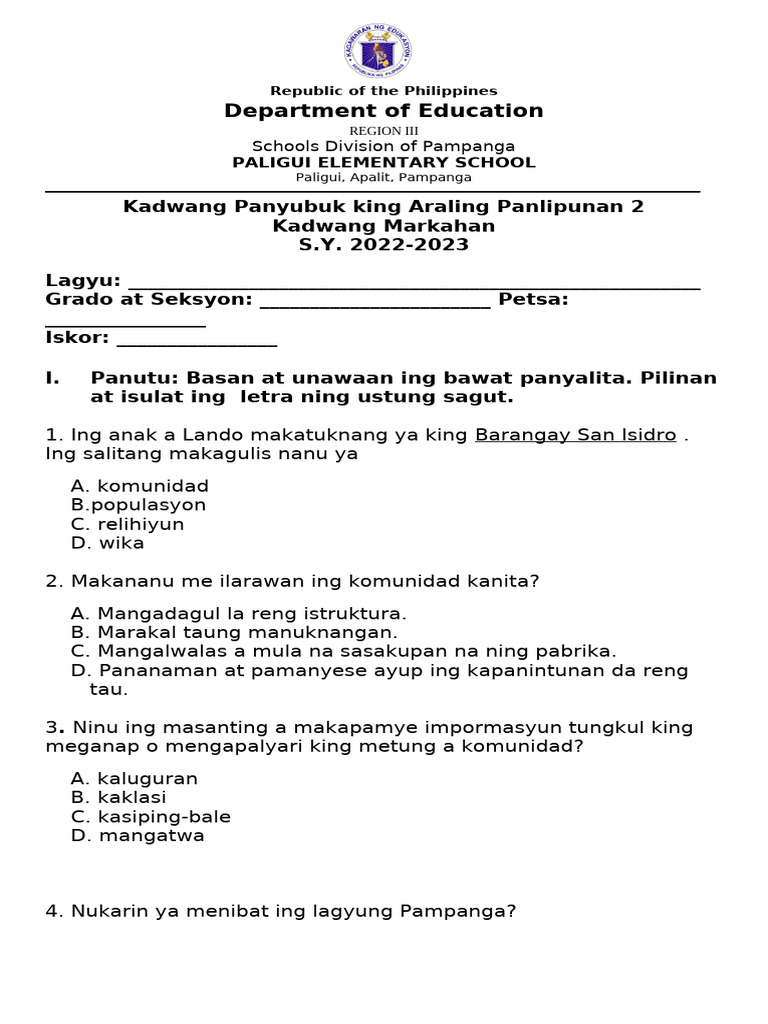 Grade 2 Apan 2nd Quarter Final | PDF