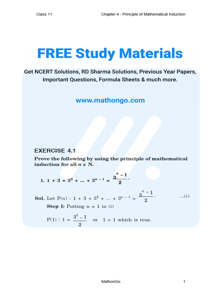 NCERT Solutions Class 11 Maths Chapter 4 Principle of Mathematical Induction | PDF ...