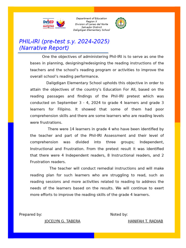 Phil-IRI Pre-Test Narrative Report | PDF | Reading Comprehension ...
