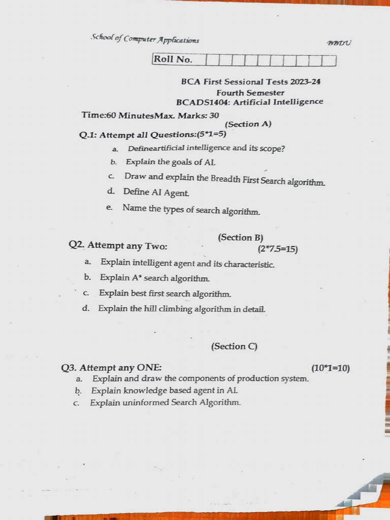 BBDU - ARTIFICIAL INTELLIGENCE - 2023 - Sessional 1 - ARTIFICIAL INTELLIGENCE-2023-Sessional 1 | PDF