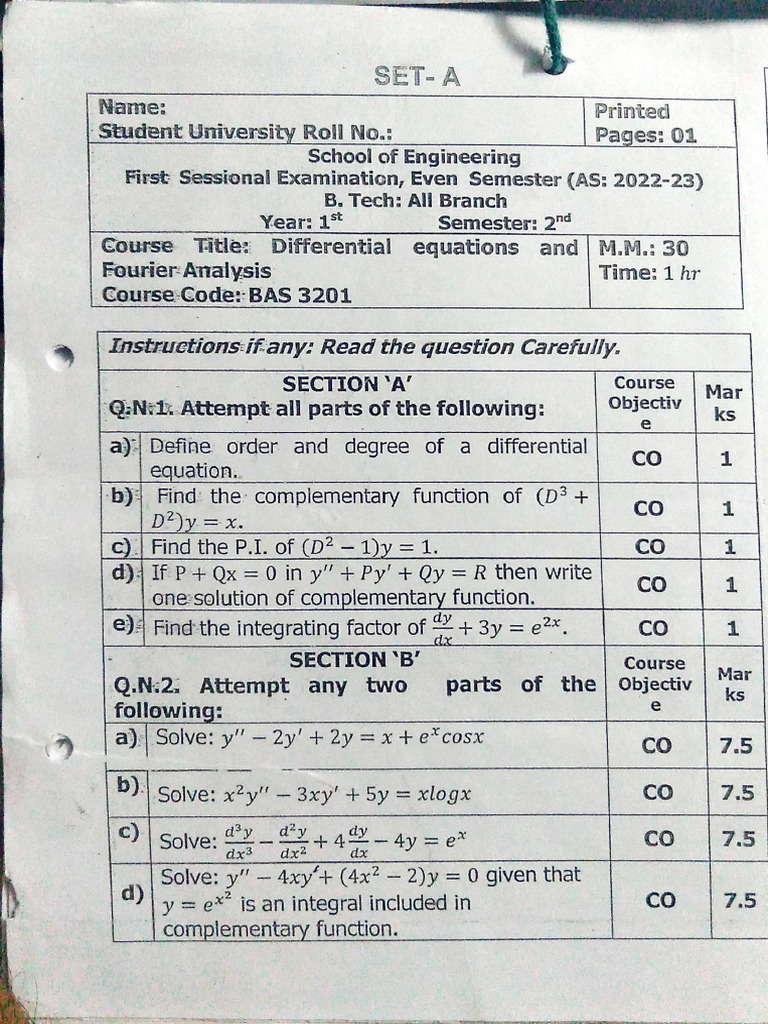 BBDU - DIFFERENTIAL EQUATION AND FOURIER ANALYSIS - 2022 - Sessional 1 - DIFFERENTIAL EQUATION ...