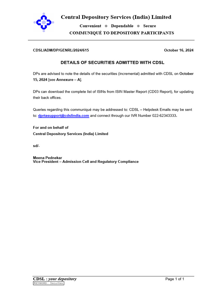 DP 615 Securities Admitted With CDSL 15102024 | PDF | Securities (Finance) | Financial Economics