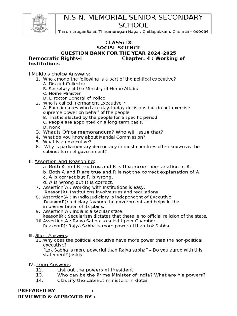Class IX Social Science Question Bank 2024 | PDF | Governance ...