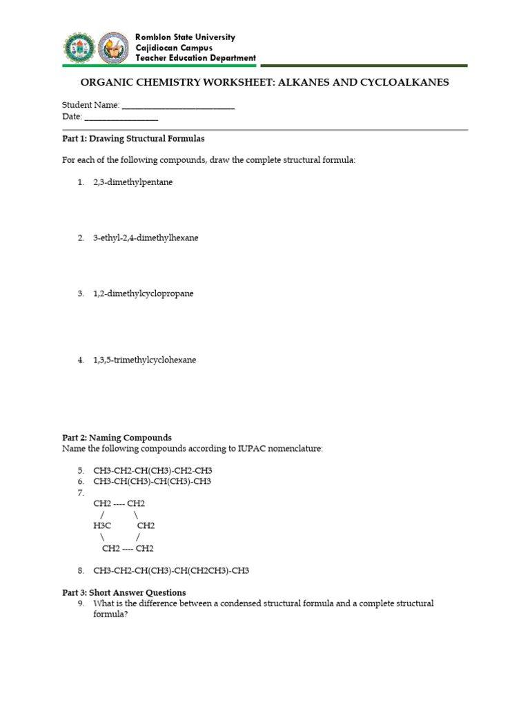 Alkanes Cycloalkanes Worksheet | PDF