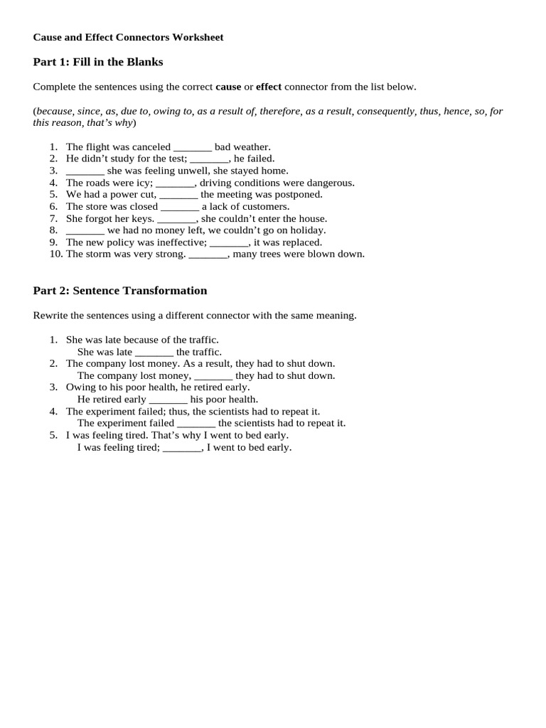 Cause and Effect Connectors Worksheet | PDF