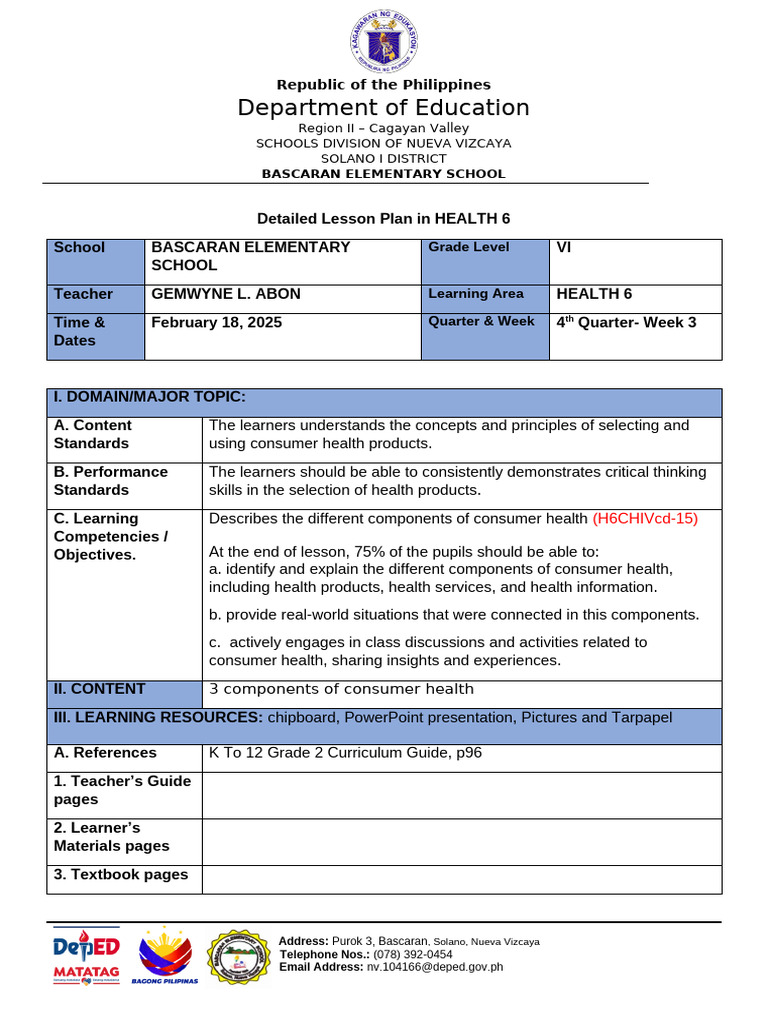 Health Lesson Plan for Grade 6 Students | PDF | Lesson Plan