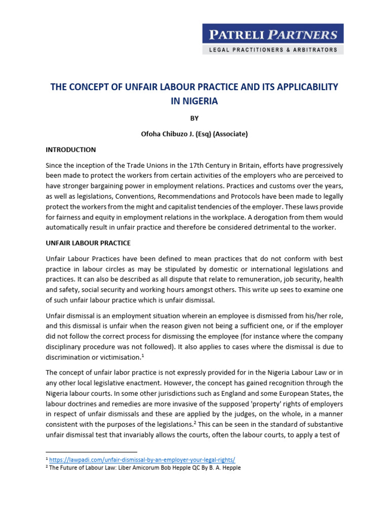 The Concept of Unfair Labour Practice and Its Applicability in Nigeria ...