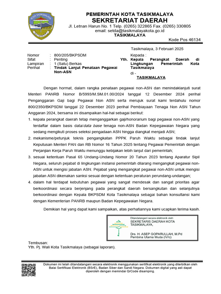 Surat Sekda Kota TSM Perihal Tindak Lanjut Penataan Pegawai Non ASN | PDF