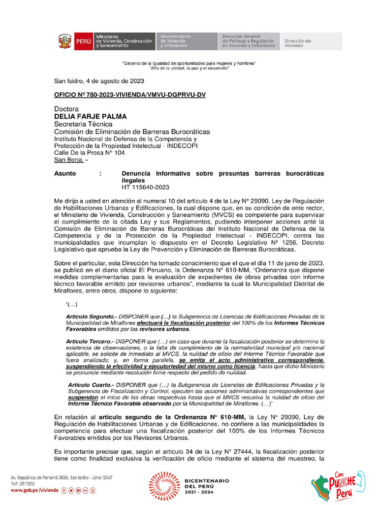 Oficio 780 Indecopi CBB | PDF