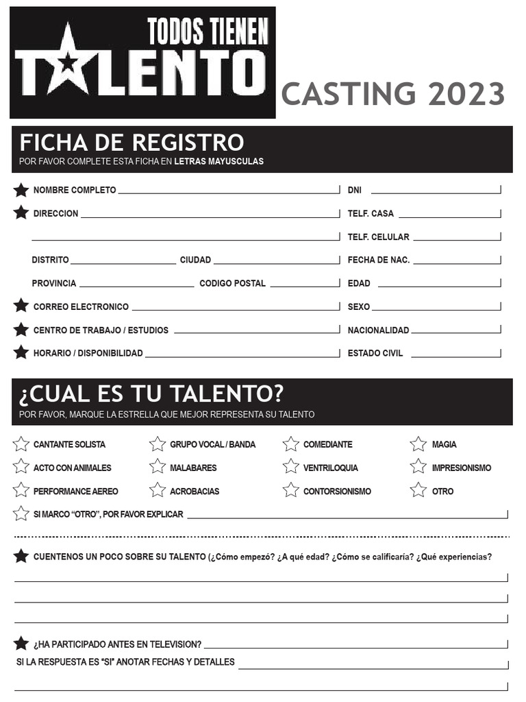 Ficha de Casting Todos Tienen Talento | PDF