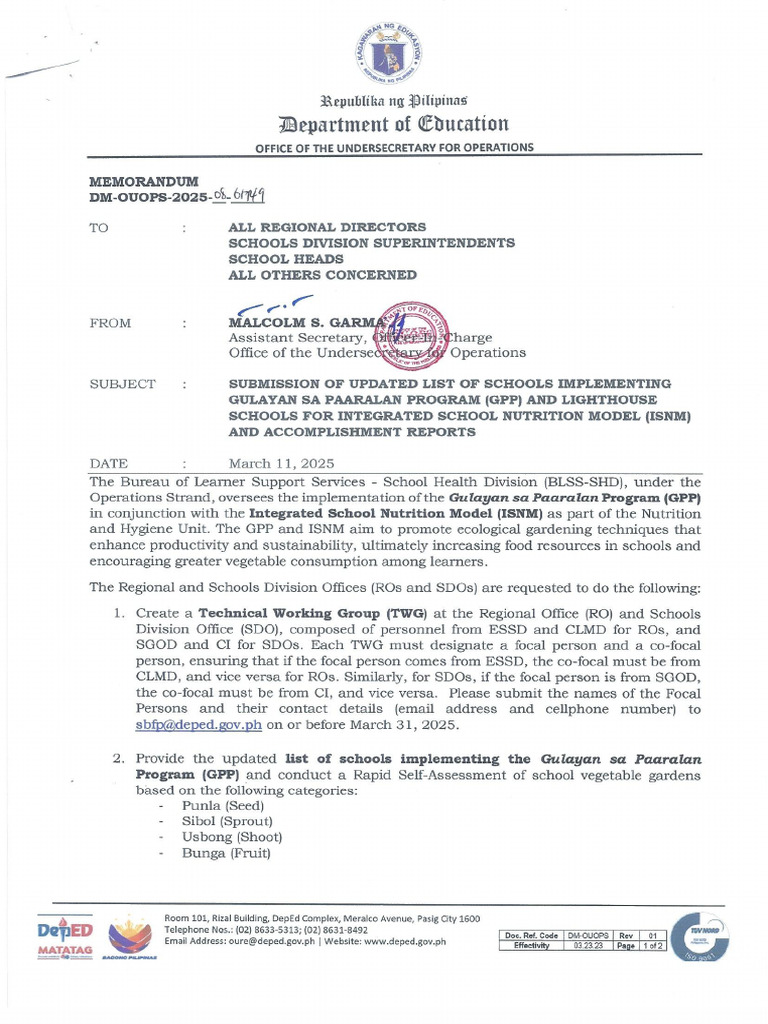 D3918 Updated List of School Implementing GGP and Lighthouse School for ...