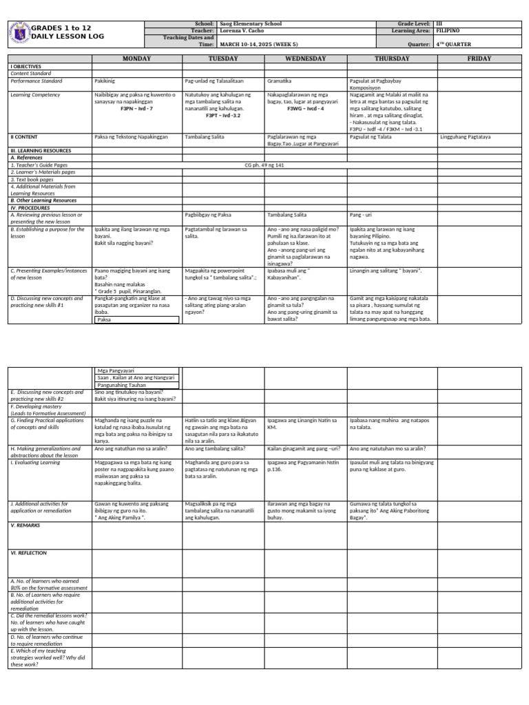 DLL - Filipino 3 - Q4 - W5 | PDF