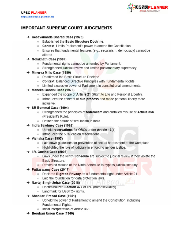 IMPORTANT SUPREME COURT JUDGEMENTS by UPSCPLANNER | PDF | Political Charters | Government