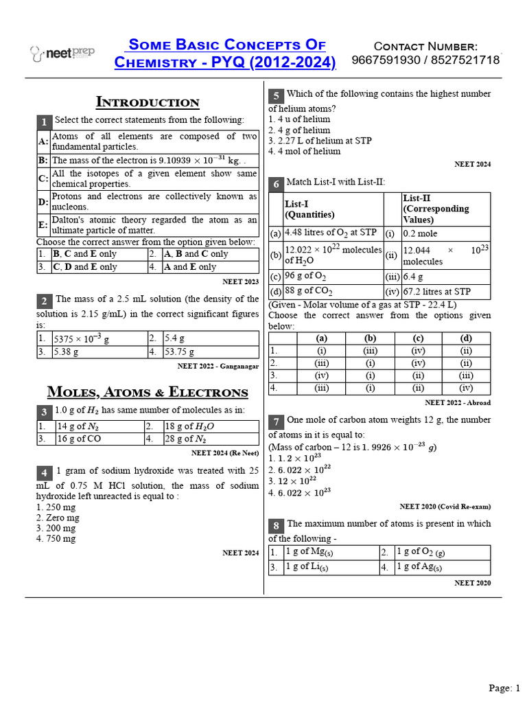 Some Basic Concepts of Chemistry - PYQ (2012-2024) | PDF | Mole (Unit) | Molecules