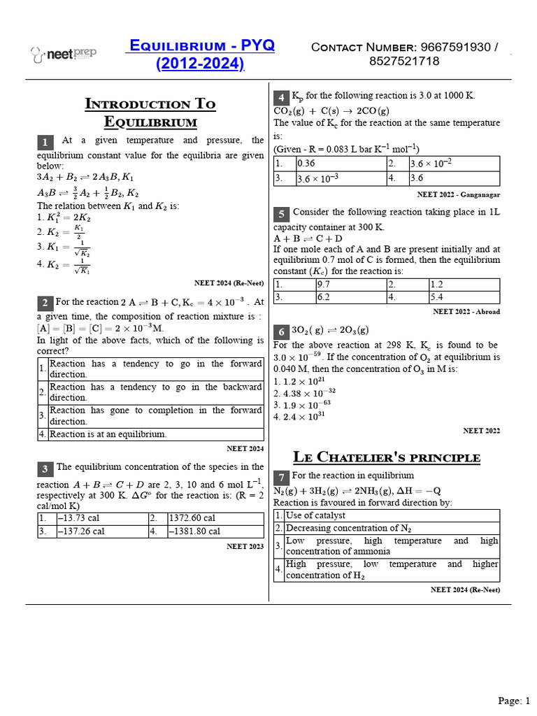 Equilibrium - PYQ (2012-2024) | PDF | Chemical Equilibrium | Acid