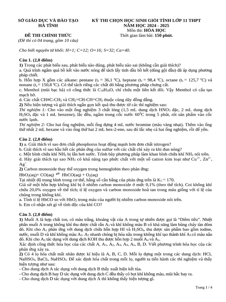 (Đề thi có 04 trang, gồm 10 câu) Cho biết nguyên tử khối: H=1; C=12; O ...