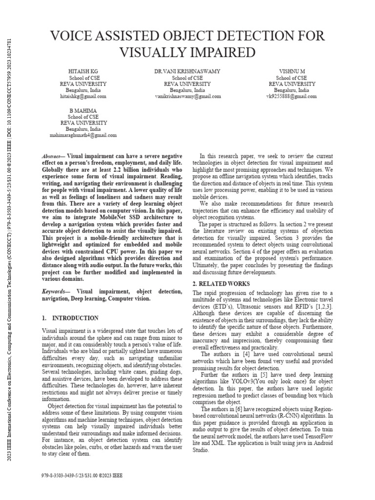 Voice Assisted Object Detection For Visually Impaired | PDF | Deep Learning