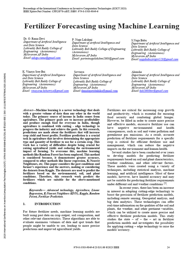 Fertilizer Forecasting Using Machine Learning | PDF | Machine Learning | Prediction