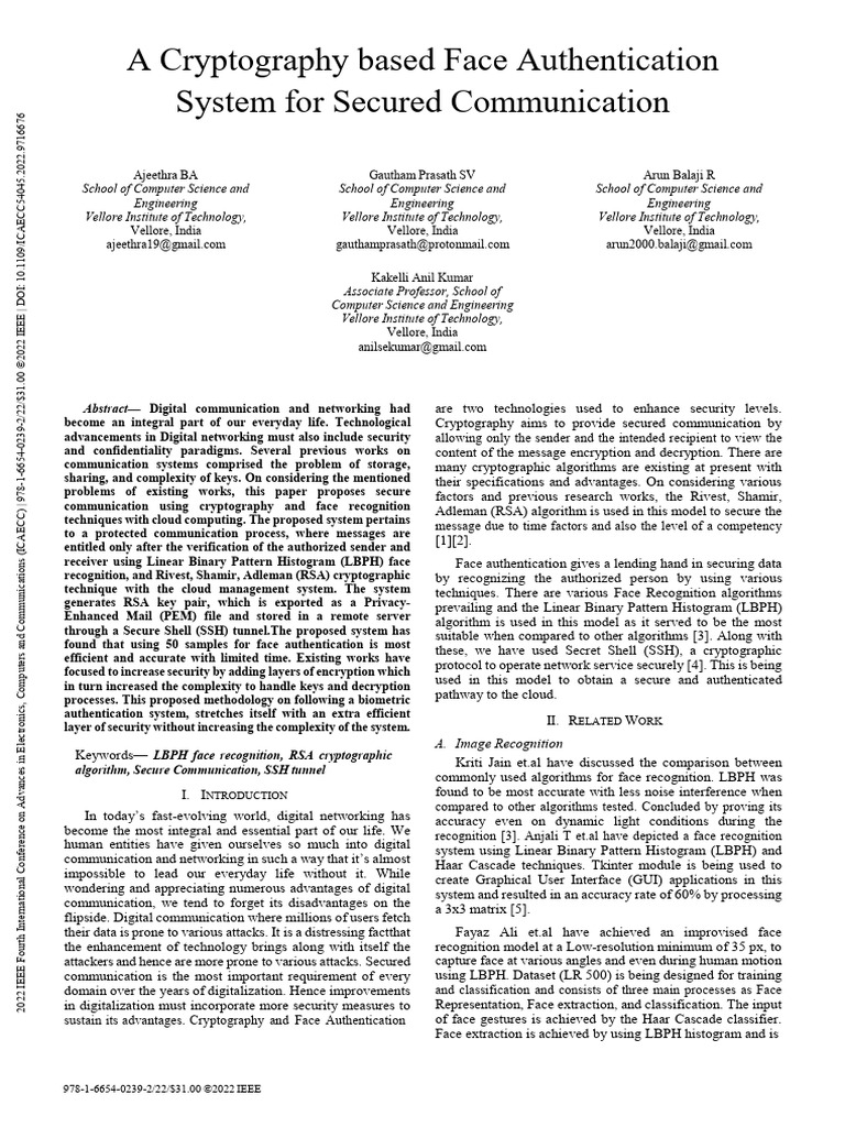A Cryptography Based Face Authentication System For Secured Communication | PDF | Public Key ...