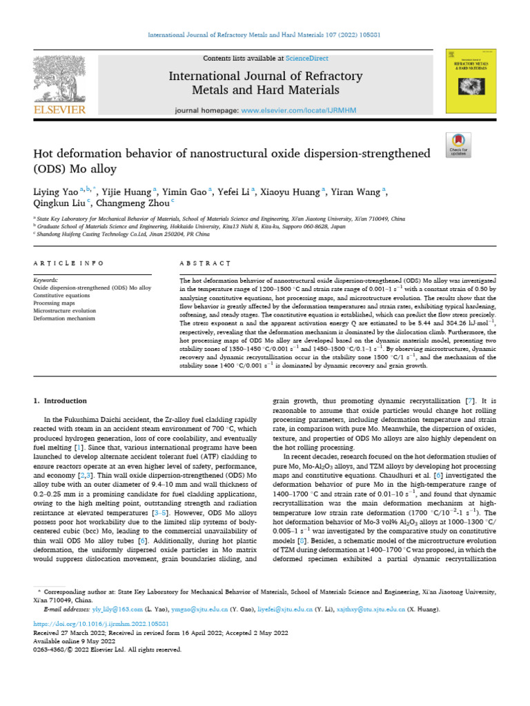 Hot Deformation Behavior of Nanostructural Oxide Dispersion-Strengthened (ODS) Mo Alloy | PDF ...