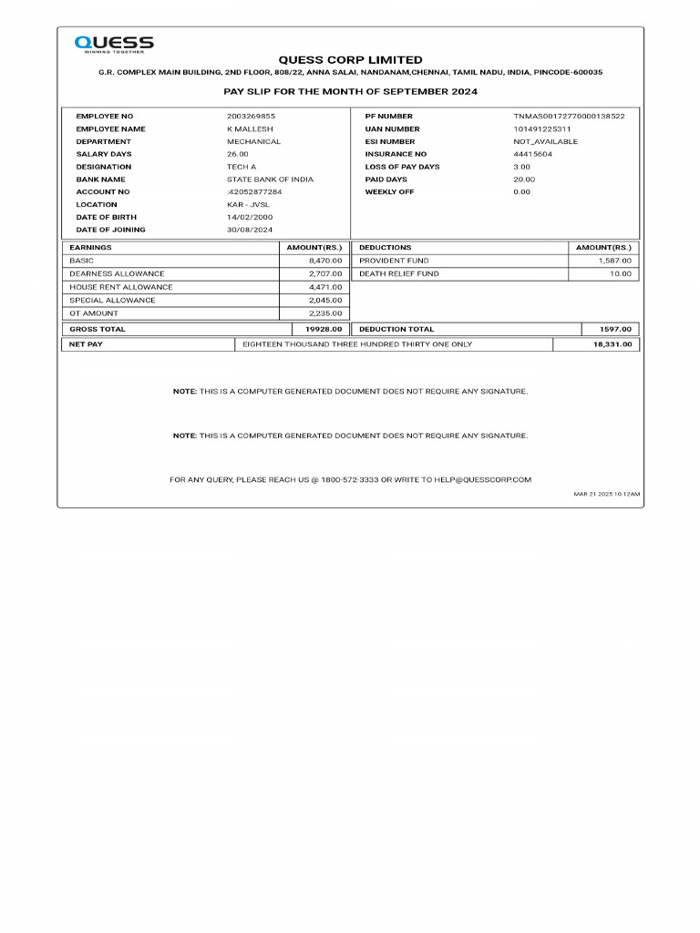 K - MALLESH - September 2024 - Salary Slip - September-2024 | PDF