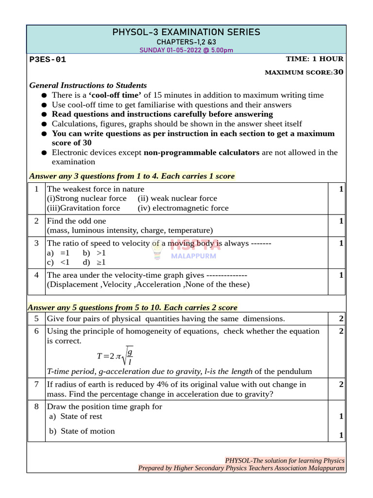 HSPTA Class 11 Physics Exam Guide | PDF | Acceleration | Velocity