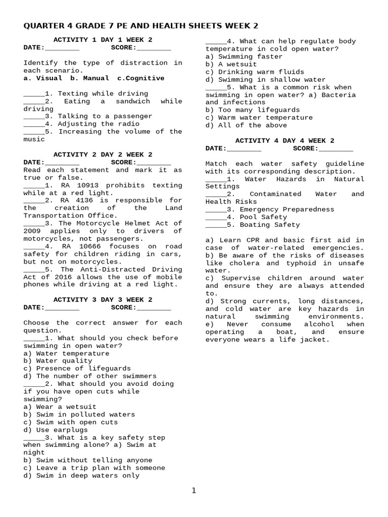 Activity Sheets in Peh 7 Week 2 Q4 | PDF | Swimming | Water