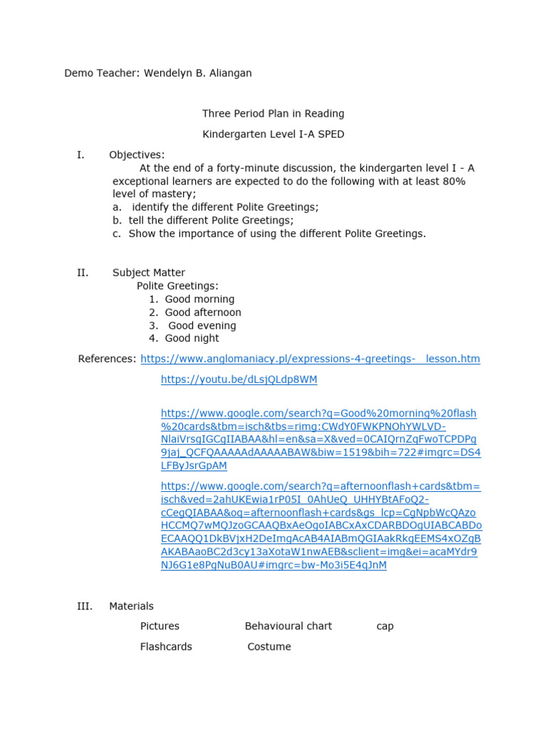 Lesson Plan in Reading Polite Gretings 222 1 | PDF | Learning ...