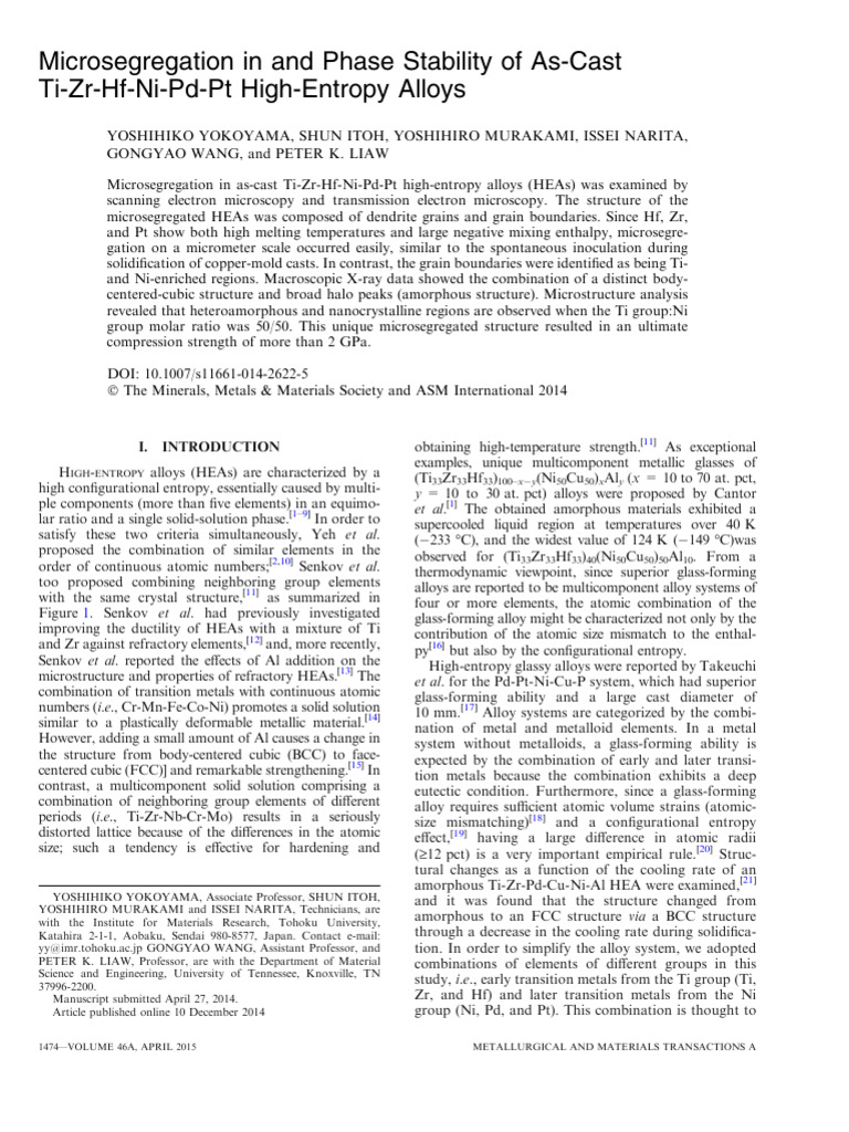 Phase Stability - Ti ZR HF Ni PD PT High Entropy Alloys - Met Trans | PDF | Applied And ...