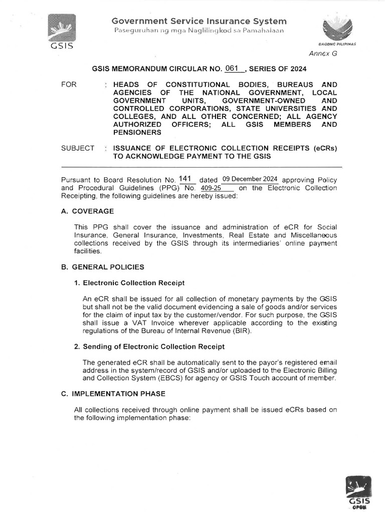 MEMORANDUM CIRCULAR - ISSUANCE OF ELECTRONIC COLLECTION RECEIPTS (eCRs ...