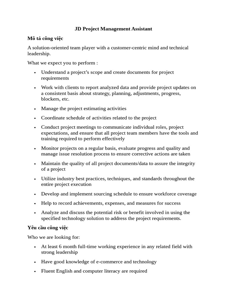 JD Project Management Assistant | PDF | Project Management | Leadership
