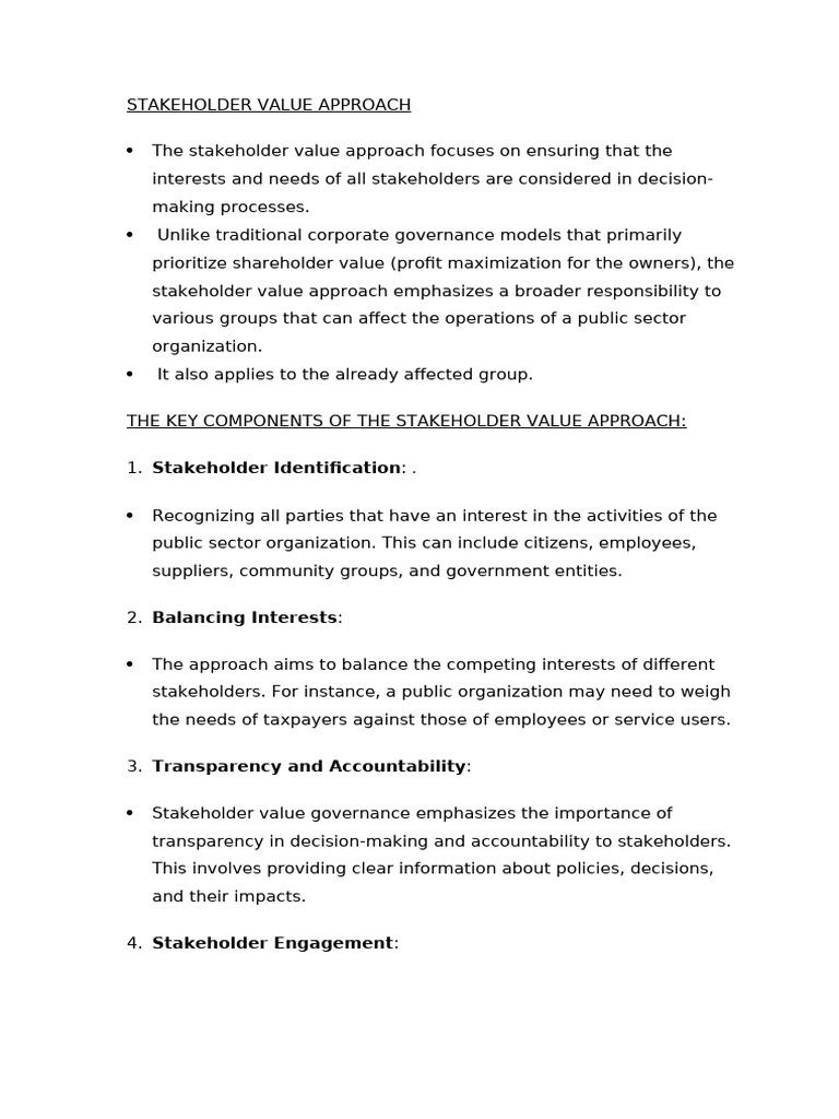 Stakeholder Value Approach Overview | PDF | Governance | Stakeholder ...