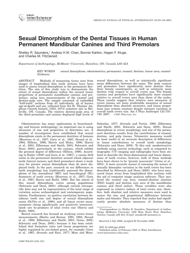 Sexual Dimorphism of The Dental Tissues in Human | PDF | Tooth | Tooth ...