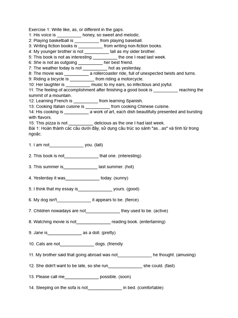Exercise 1 - Write Like, As, or Different in The Gaps | PDF | Foods