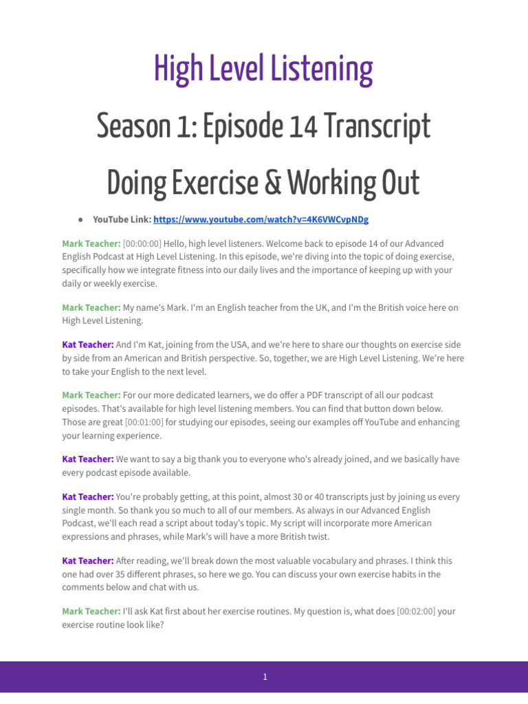 S1 E14 Doing Exercise - Transcript PDF | PDF | Strength Training | Aerobic Exercise