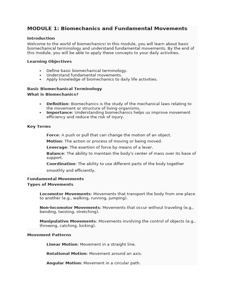 Module 1 Biomechanics and Fundamental Movements | PDF | Biomechanics ...