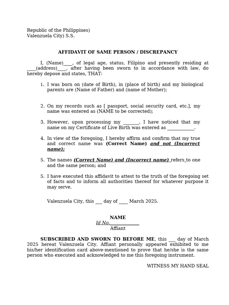 Affidavit of Same Person (Ibok Quick Format) | PDF