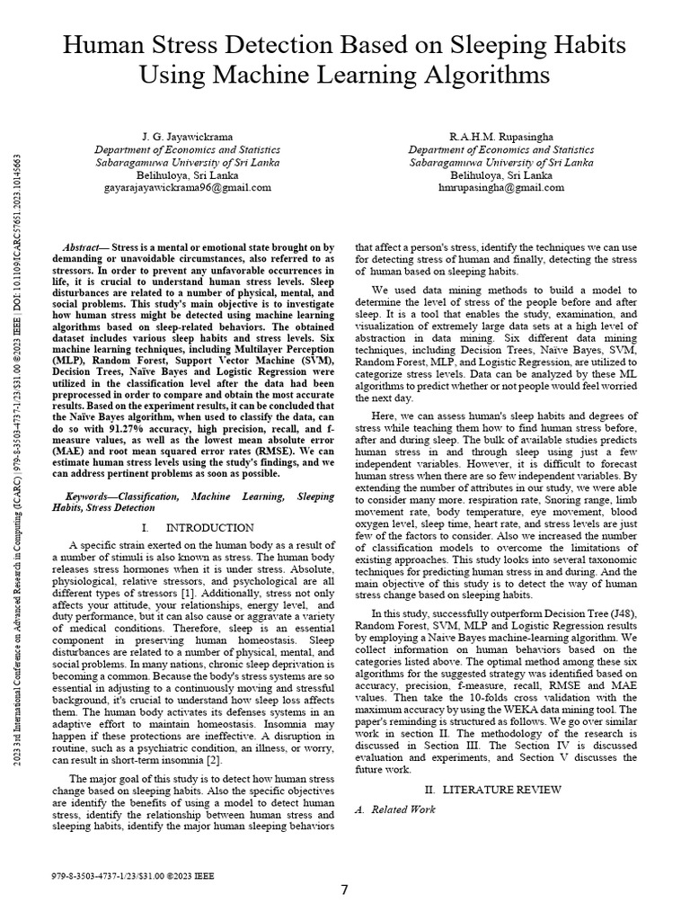 Human Stress Detection Based On Sleeping Habits Using Machine Learning Algorithms Pdf