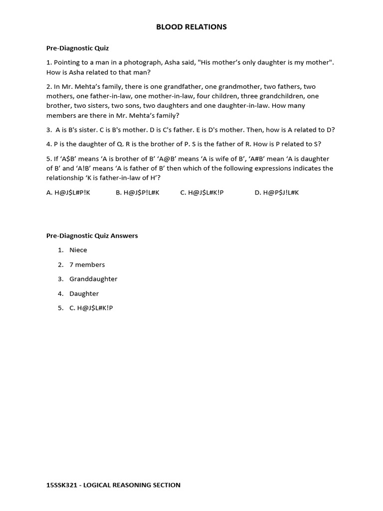 Blood Relations Logical Reasoning Quiz | PDF | Family | Social Institutions