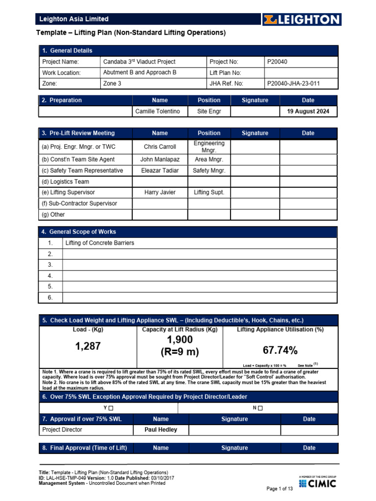 Lifting Plan (Non-Standard Lifting Operations) For Concrete Barriers ...