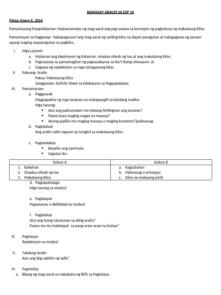 Banghay Aralin Sa Esp 10 | PDF