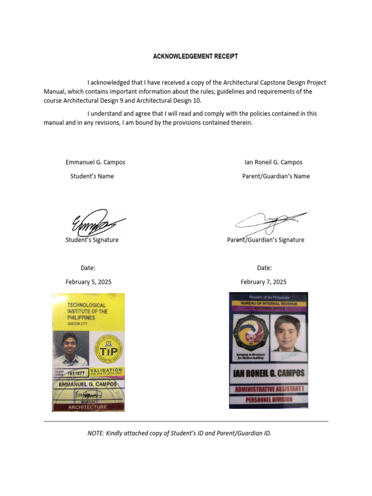Acknowledgment of Design Project Manual | PDF