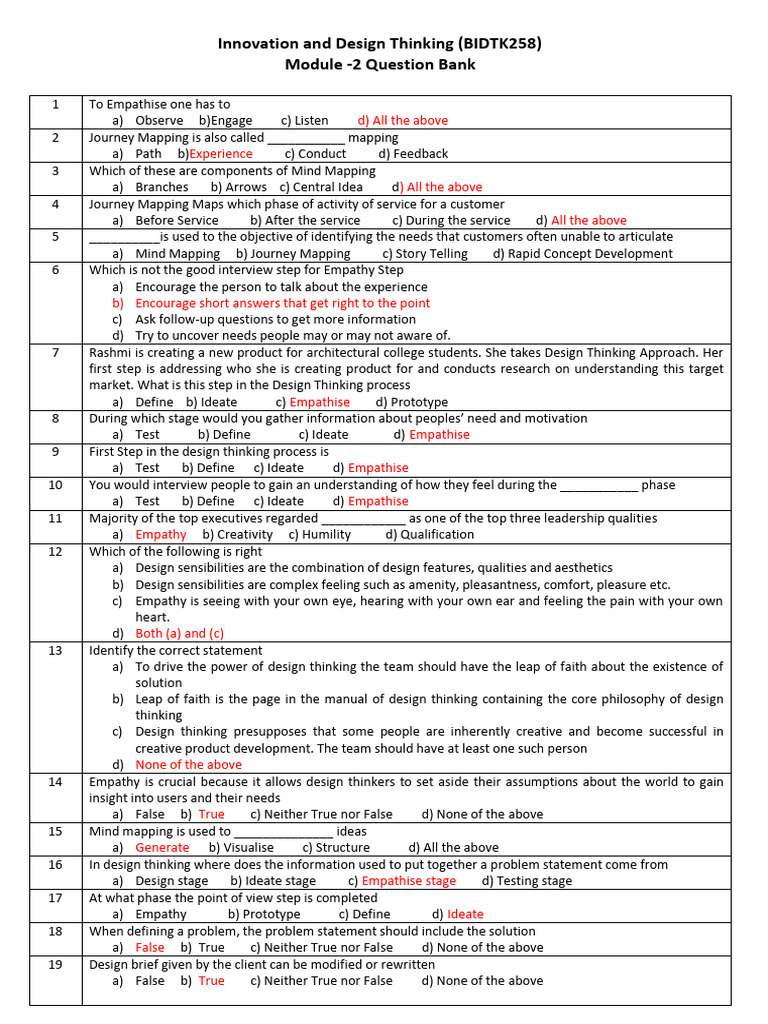 IDT Module-2 MCQ Bank - 2024 | PDF | Design Thinking | Brainstorming