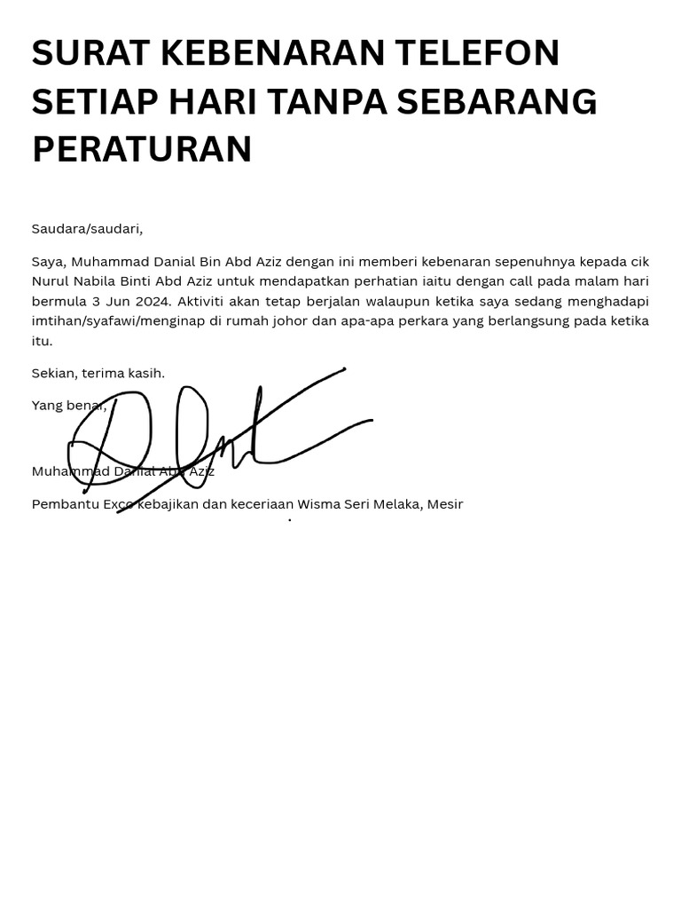 Surat Kebenaran Telefon Setiap Hari Tanpa Sebarang Peraturan | PDF