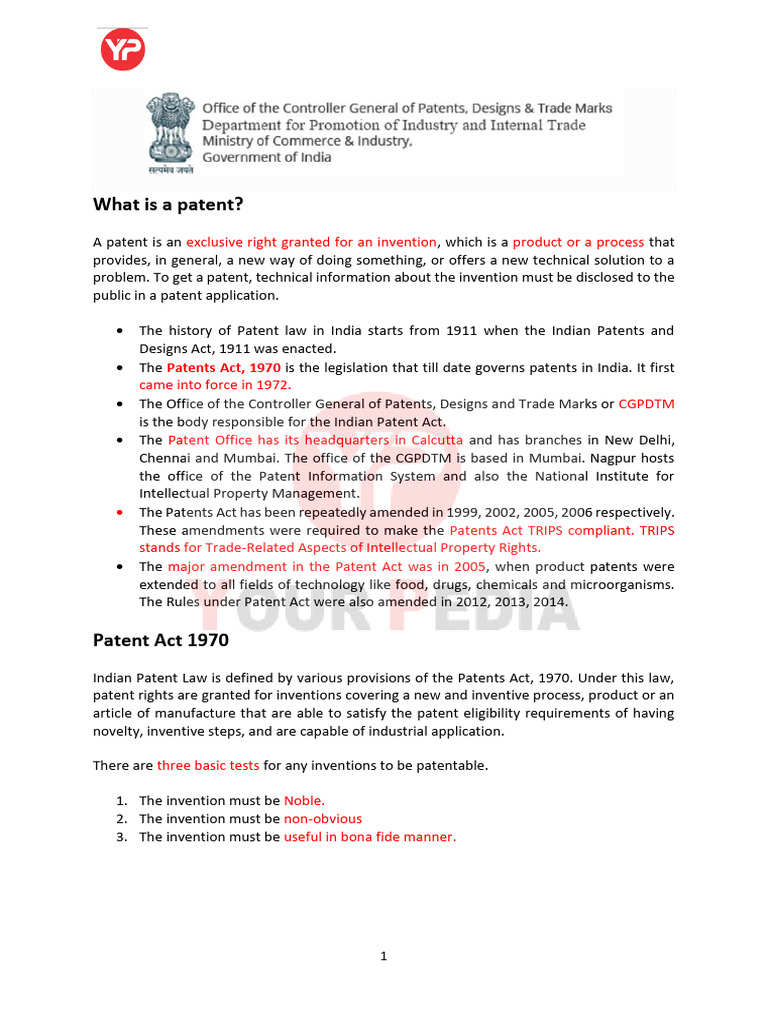 Overview of the Indian Patent Act 1970 | PDF | Patent | Glossary Of ...