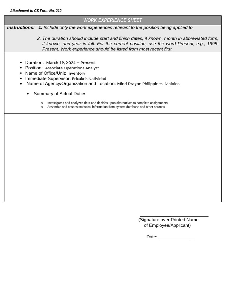CS Form No. 212 Attachment Work Experience Sheet | PDF