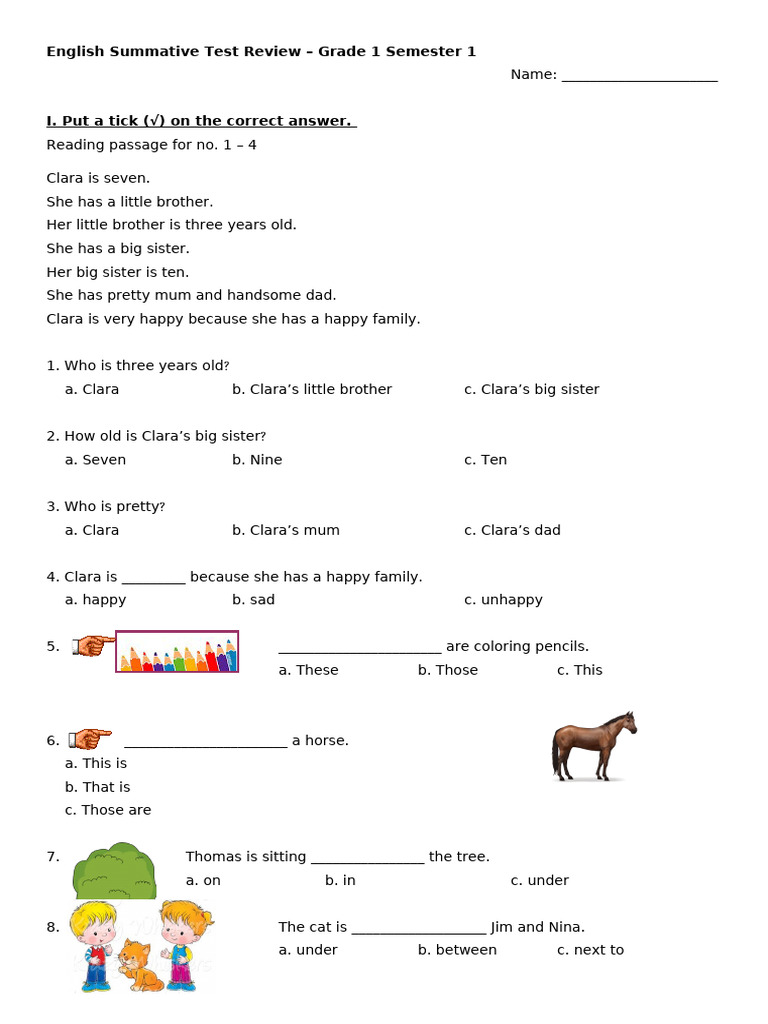 Grade 1 English Test Review Guide | PDF